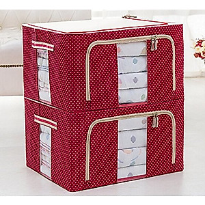 JJMG Stackable Polka Dots Oxford Cloth Steel Frame Shelf Quilt Clothing Blanket Pillow Shoe Storage Box Holder Container Organizer See-Through Window Double Zipper Folding- Red 66L 20"x16"x13" (2)