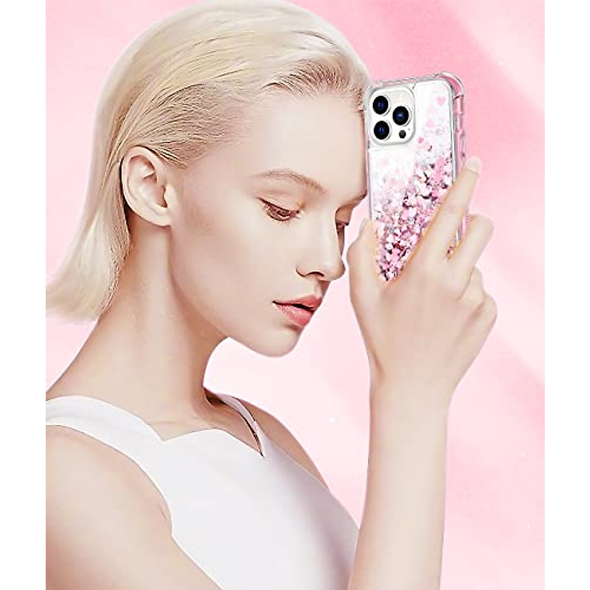 Caka for iPhone 13 Pro Max Case Glitter Women Girls with Built-in Screen Protector Bling Sparkle Liquid Quicksand Full Body Protective Case for iPhone 13 Pro Max 6.7 (Rose Gold)