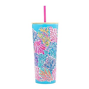 Lilly Pulitzer Double Wall Tumbler with Lid and Reusable Straw, Insulated Travel Cup Holds 24 Ounces, Splashdance