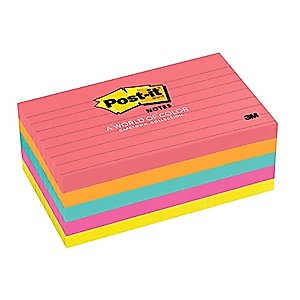 Post-it Notes, 3 in x 5 in, 5 Pads, America's #1 Favorite Sticky Notes, Cape Town Collection, Bright Colors (Magenta, Pink, Blue, Green), Clean Removal, Recyclable (635-5AN)