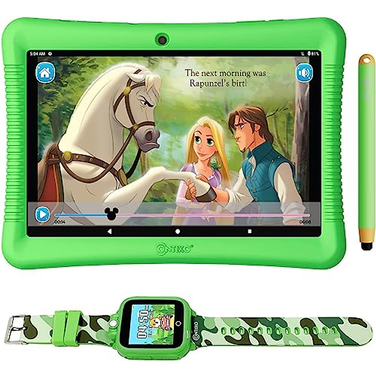 Contixo Kids Tablet, K102 10 Inch Tablet for Kids and Smart Watch Bundle, 2GB 32 GB Toddler Tablet with Bluetooth, with Smart Watch That Touch Screen, Camera, Video and Audio Recording - Green