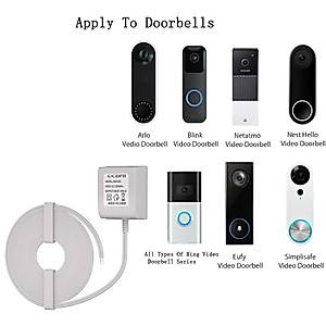 24V Doorbell Transformer 33FT Output Line for All Models of Ring Doorbells, Nest, Honeywell, Ecobee, Arlo, Wyze, Eufy （White），Reliable Power Supply for Smart Thermostats and Video Doorbells