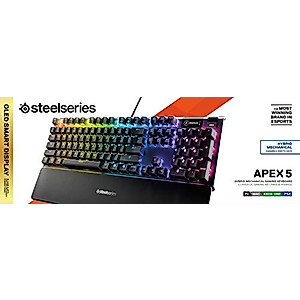 SteelSeries Apex 5 - Hybrid Mechanical Gaming Keyboard - Per-Key RGB Illumination - Oled Smart display - English (QWERTY) Layout PC