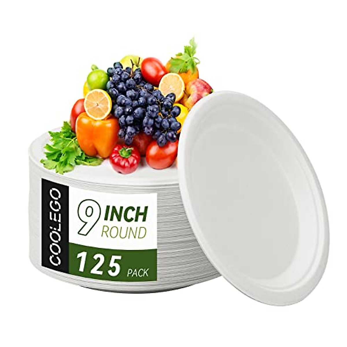 Coolego Paper Plates 125-Pack, 100% Compostable Paper Plates Bulk, Eco-friendly Sugarcane Fiber Paper Plates Heavy Duty with Biodegradable Packaging for Party, Daily