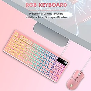 RGB Pink Gaming Keyboard and Mouse Combo,87 Keys Gaming Keyboard Wired RGB Backlit Gaming Keyboard Mechanical Feeling with RGB 7200 DPI Pink Gaming Mouse Set for PC MAC PS4 Xbox Laptop