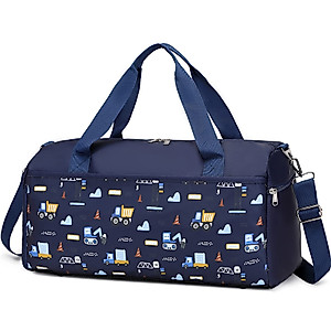 Mygreen Kids Overnight Duffle Bag Boys Sport Gym Bag with Shoe Compartment & Wet Pocket, Carry On Weekender Travel Bag for Kid Boys Truck Navy