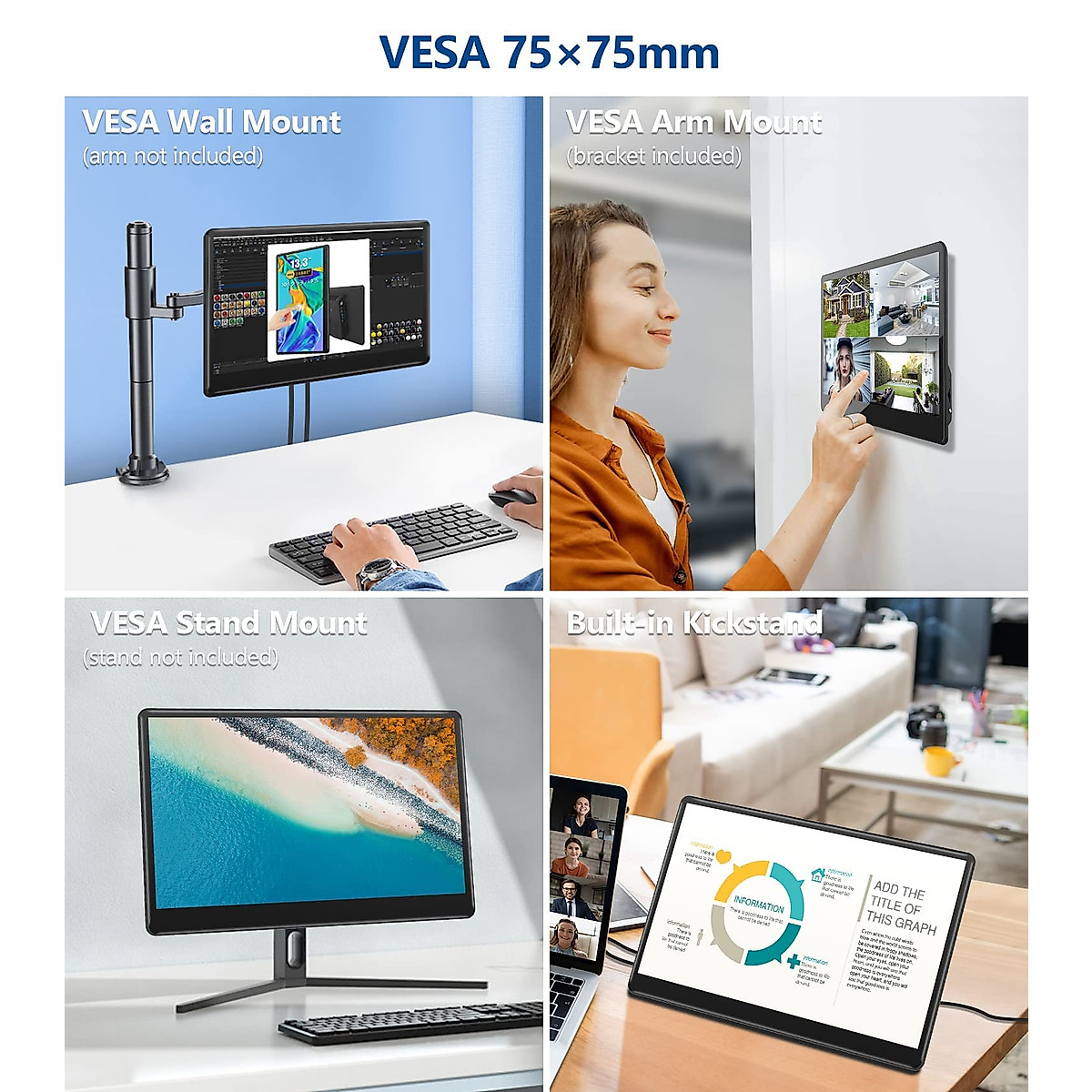 Usparkle Touchscreen Monitor 13.3 inch FHD1920×1080P IPS HDR 60Hz Touch Screen Monitor, HDMI VGA DVI Touch Monitor with 10-Point Multi-Touch, VESA Monitor with Speakers,Touchscreen for Laptop