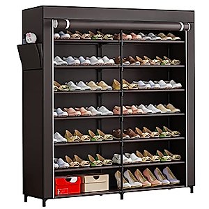 LINZINAR Shoe Rack Storage Organizer 42 Pairs Portable Double Row with Nonwoven Fabric Cover Shoe Cabinet for Closet (7 Tier, Coffee)