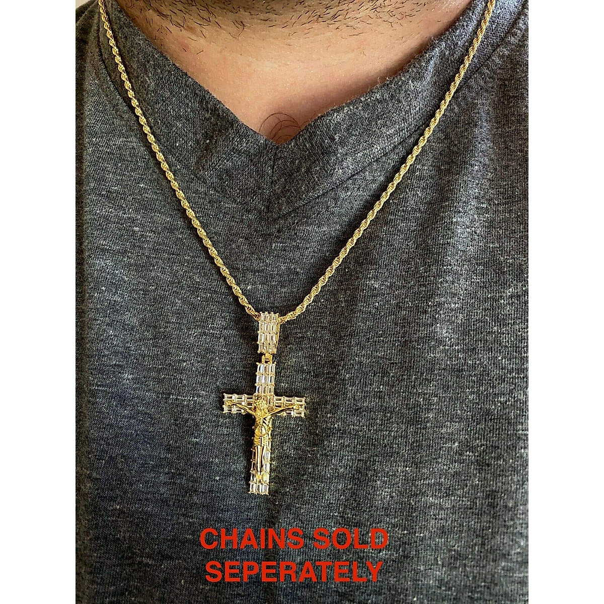 HarlemBling Real 925 Sterling Silver - 14k Gold Finish - Iced Baguette Cross W. Jesus Pendant - 3 Sizes Great For Any Necklace 1-2.5" (Medium 1.5")