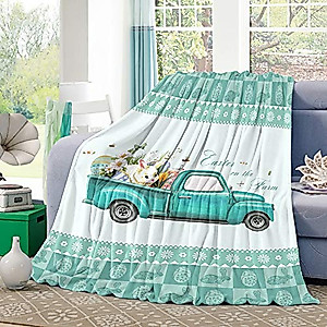 Pinkinco Cute Animals Bunny with Eggs on Truck Blankets, Luxury Cozy Warm Flannel Fleece Throw Blanket, Easter Buffalo Plaid Bedspread for Couch Chair Bed Sofa Travel, 60x80In