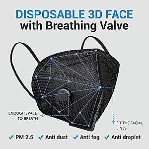 Face Mask Black with Breathing-Valve 5 Pack | Disposable Face Masks for Woman and Men 5 Layer Non-Woven | Sport Face Mask for Protection | Breathable Face Mask Lightweight and Comfortable on Skin