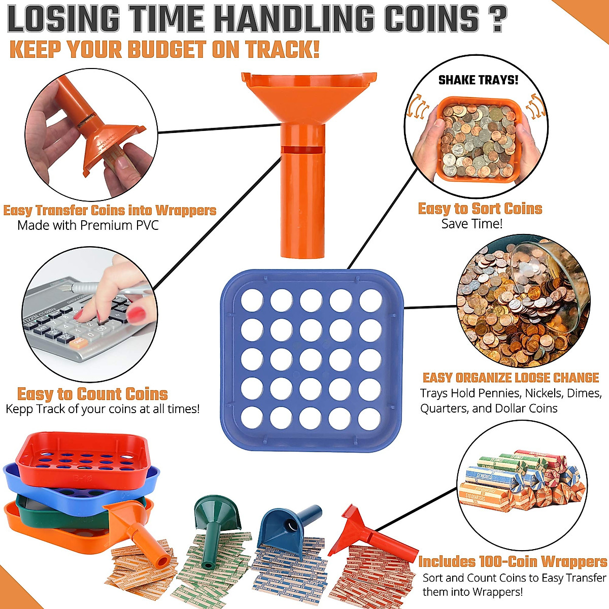 Coin Sorting & Counting Kit - 4 Color Coded Trays with Wrappers