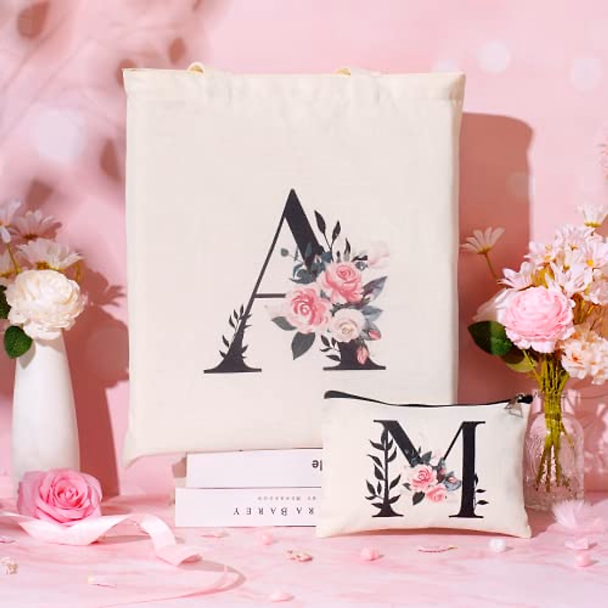AUNOOL Initial Floral Canvas Tote Bag with 2 Inner Pockets, Personalized Wedding Gift Bag for Women Teacher Bridesmaid Flower, Reusable Shopping Bag for Groceries, Cosmetic Makeup Bag Letter A