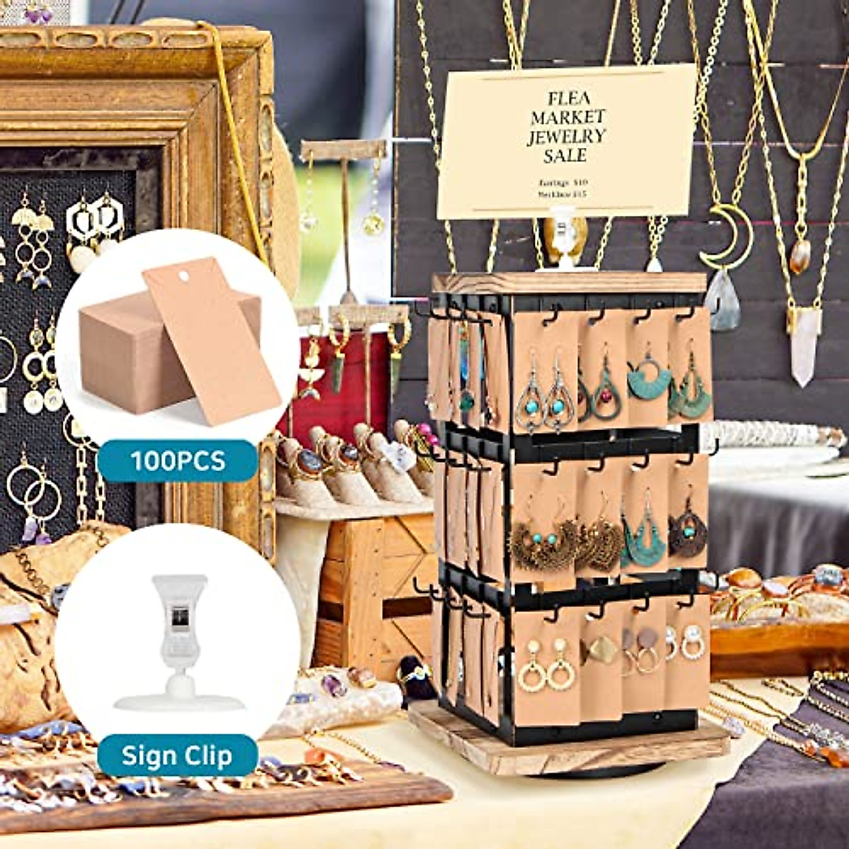 J JACKCUBE DESIGN 3 Tier 360 Rotating Black Metal Earring Holder Organizer, Jewelry Display Rack, Vintage Farmhouse Style Stand for Necklaces, Piercings with 48 Hooks and Wood Tray Shelf -MK1073A