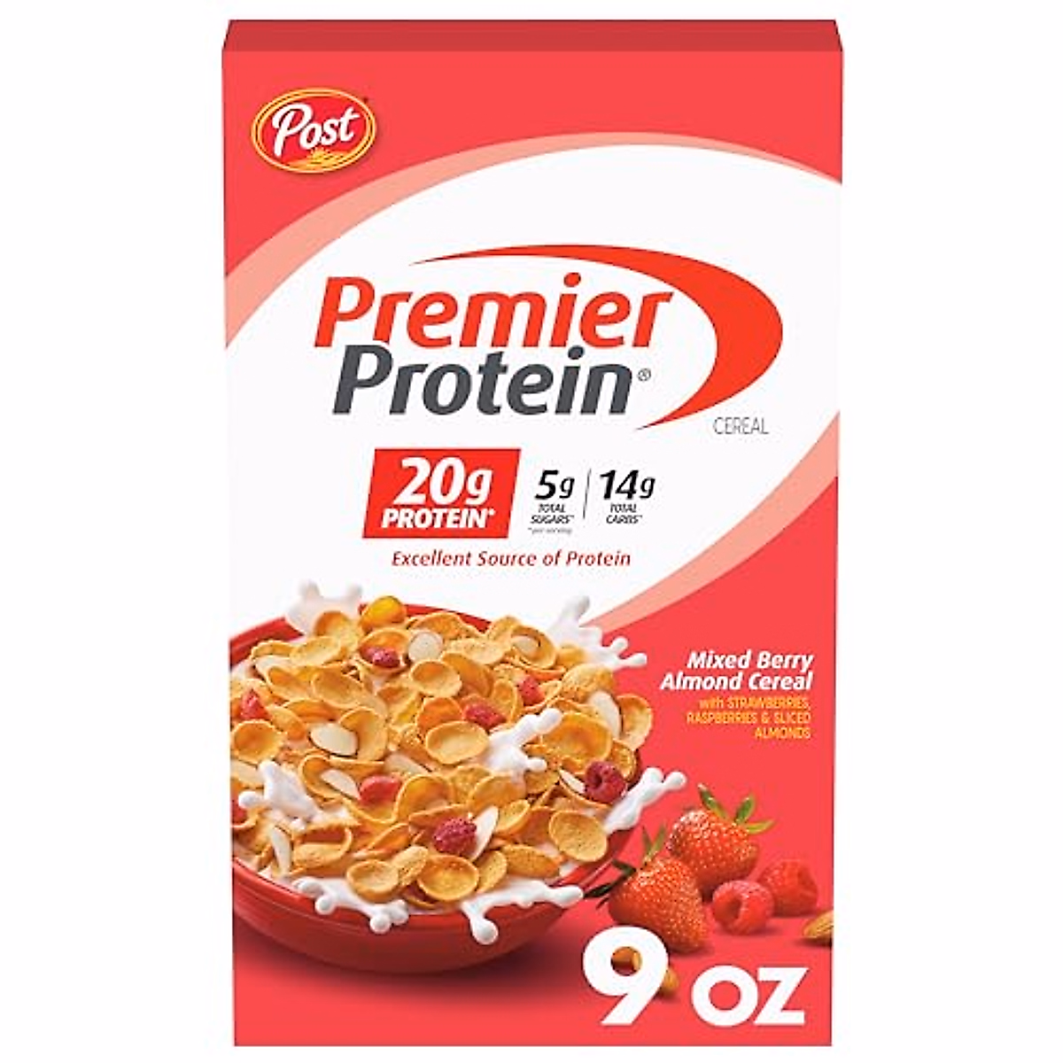 Post Premier Protein Mixed Berry Almond Cereal, Protein Cereal Flakes Mixed with Dried Berries and Sliced Almonds, Contains 20g of Protein Per Serving, 9 OZ Box