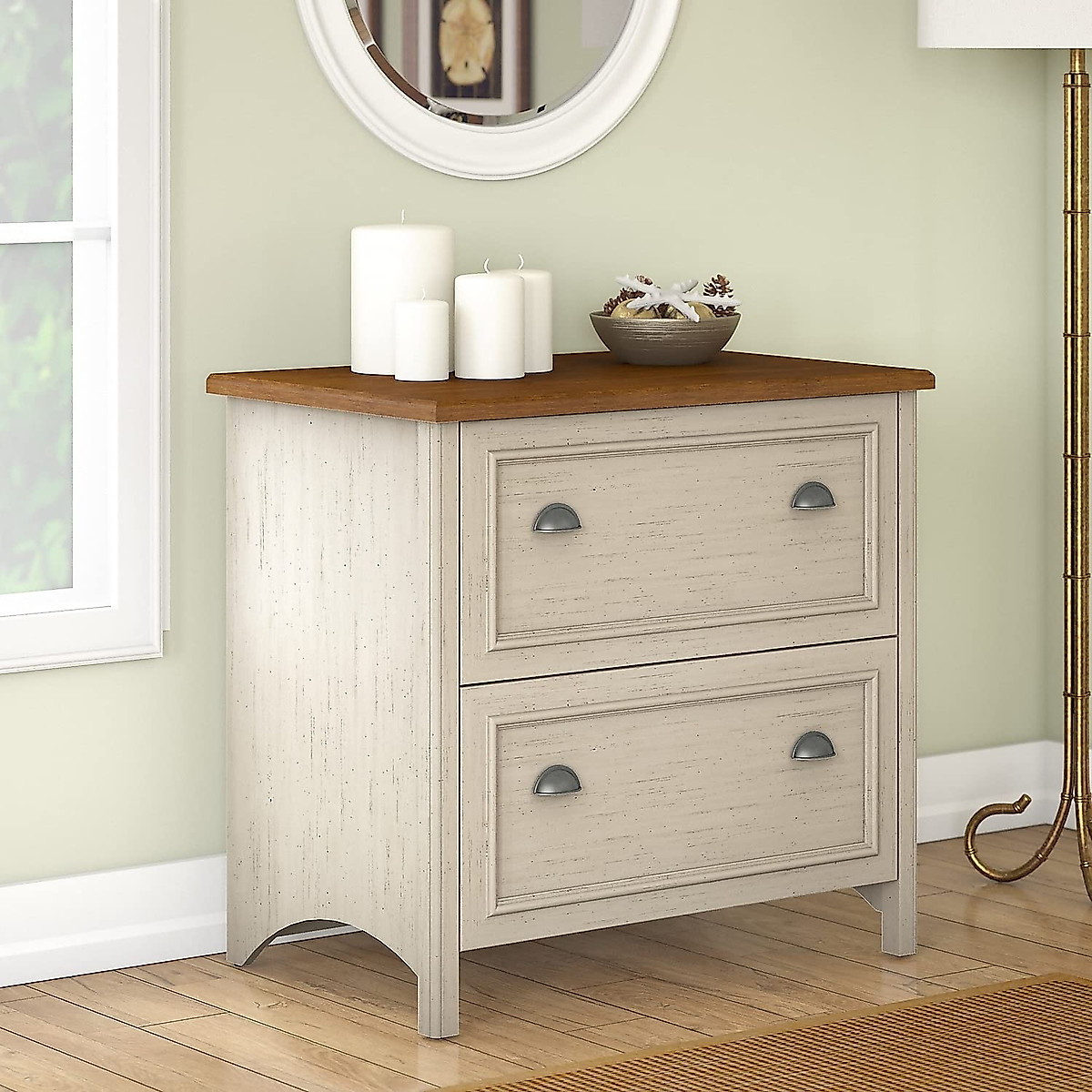 Bush Furniture Fairview 2 Drawer Lateral File Cabinet in Antique White and Tea Maple
