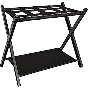 Queension Folding Luggage Rack Stand with Shelf for Guest Room, Foldable Metal Suitcase Storage Caddy Holder for Bedroom Hotel Essentials, Black, 1pack