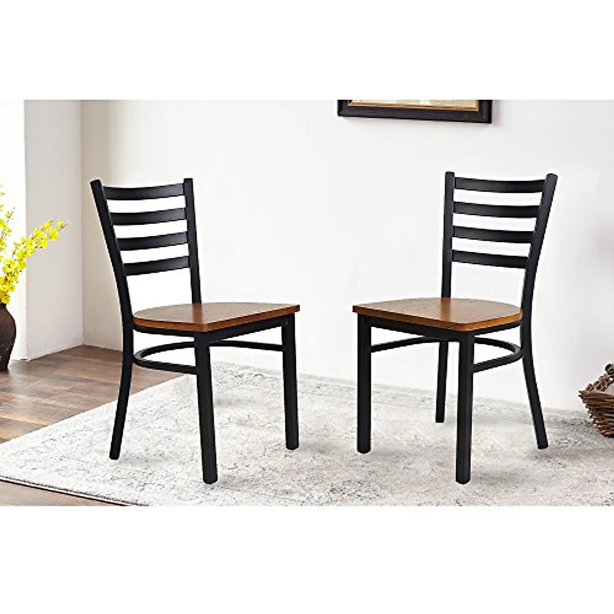 KARMAS PRODUCT Black Metal Dining Chairs Fully Assembled with Solid Wood Seat, Kitchen Restaurant Dining Room Chair Stackable Bistro Cafe Heavy Duty Side Chairs,Set of 2