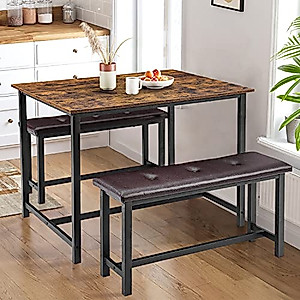 Amyove Kitchen Table Set, Dining Room Table Set for 4 with Upholstered Benches, Dining Table Set Metal and Wood Rectangular Dining Table for Small Space, Apartment, Breakfast, Rustic Brown