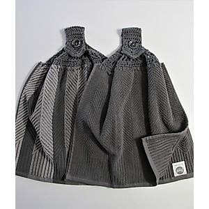 Set of 2 Gray Doubled Chevron Design Hanging Kitchen Towels with Gray Cotton Crochet Top - Best Quality