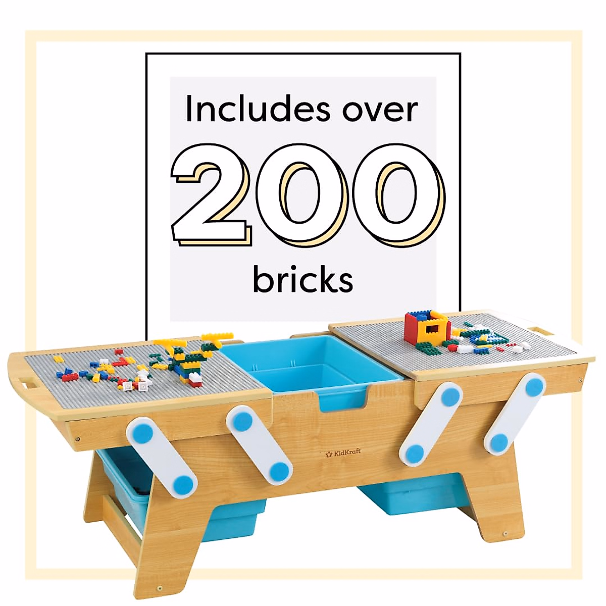 KidKraft Building Bricks Play N Store Wooden Table, Children's Toy Storage with Bins, 200+ Building Blocks Included, Natural, Gift for Ages 3+