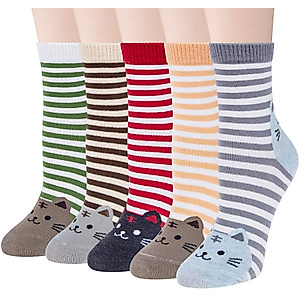 Cute Womens Dog Cat Novelty Animal Socks for girl Cartoon Cotton Casual Crew Funny Socks 5 Pairs, Cat Style 3