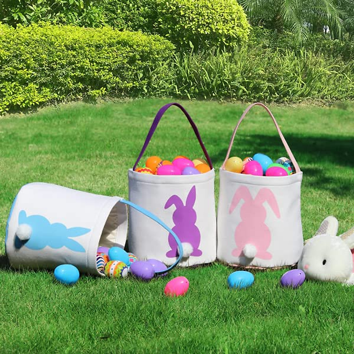Sunboom 3 Pack Easter Baskets for Kids Empty, Easter Egg Hunt Basket with Handle - Easter Bunny Baskets for Boys & Girls, Canvas Fluffy Tails Rabbit Bags Buckets for Party Gifts (Pink+Blue+Purple)