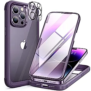 Miracase Glass Series for iPhone 14 Pro Case 6.1 Inch, 2023 Full-Body Clear Bumper Case with Built-in 9H Tempered Glass Screen Protector, with Camera Lens Protector (Noble Purple)