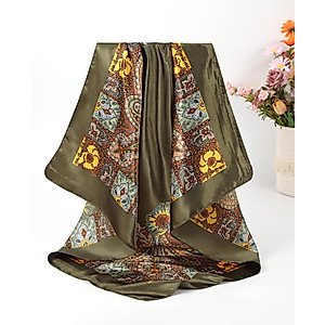 AWAYTR 35" Large Silk Hair Scarf for Women - 4Pcs Satin Head Scarf Square Hair Bandanas Floral Wild Rag Sleeping Head Wraps (Cashew(Black/Olive Green/Red/Pink))