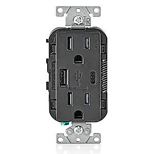 Leviton T5633-E 15-Amp Type A & Type-C USB Charger/Tamper Resistant Outlet, Not for Laptops, Black