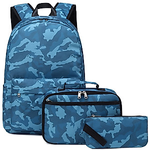 Boys Backpacks for Elementary Middle School Kids Bookbags with Lunch Box Pencil bag Camo Travel Back Pack for Boys (Blue-Camouflage)