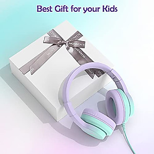 Kids Headphones, Wired Headphones for Kids Over Ear with Microphone, 85/94dB Volume Limiter Headphones for Girls Boys with Sharing Jack, Foldable Headphones for Online Study, Gradient Purple