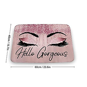 Hello Gorgeous Doormats for Front Door, Pink Drip Glitter Eyelash Welcome Mats, Mud Absorbent Door Mats with Non Slip Rubber Back, Soft and Thick Floor Mat for Inside, Outside, Bathroom, Entrance