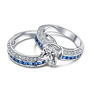 Personalize 3CT Art Deco Style Blue Square Princess Cut Solitaire Clear AAA CZ Engagement Anniversary Wedding Ring Set .925 Sterling Silver Customizable