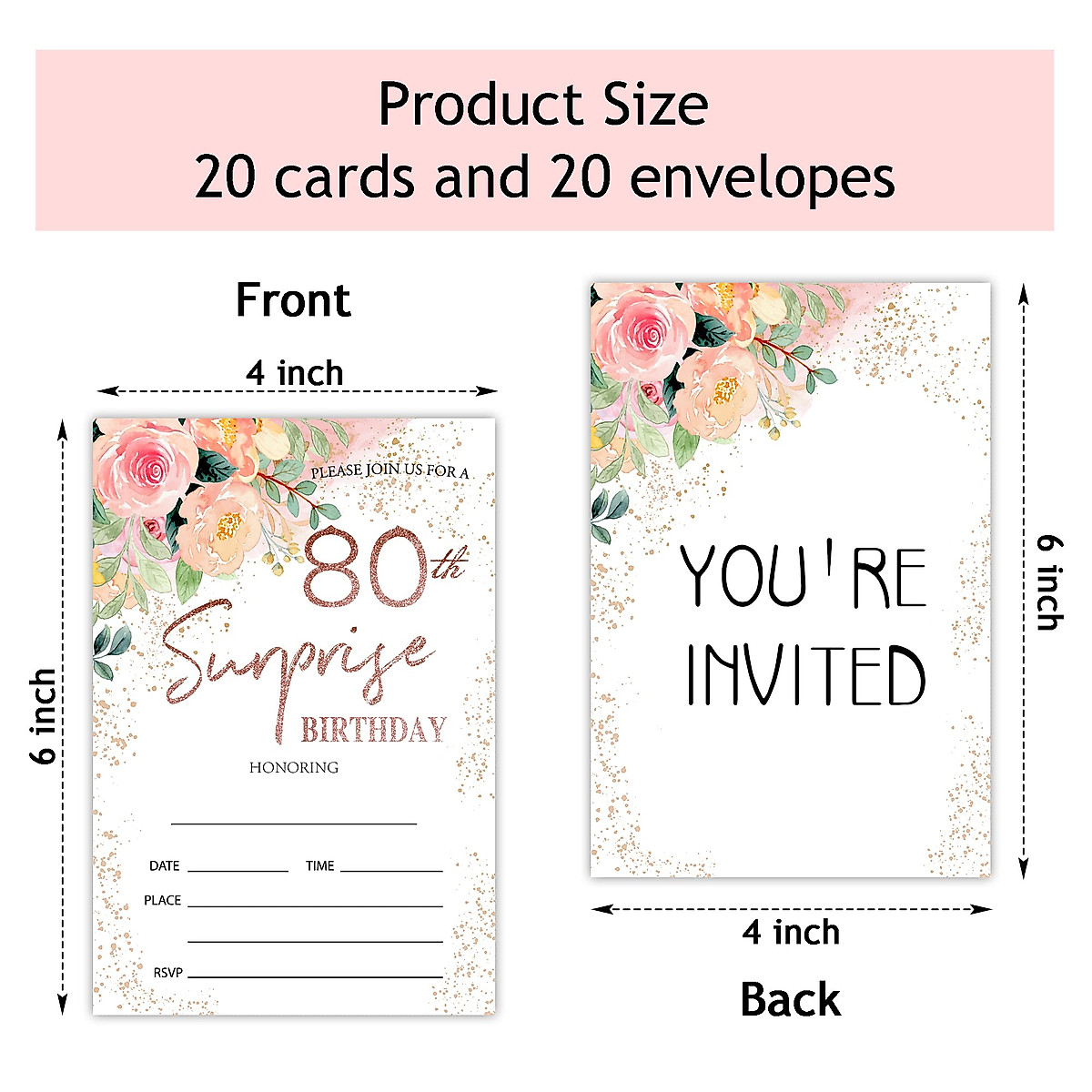Zodvery Surprise 80th Birthday Party Invitations Cards - 80 Years old Rose Floral Pink Theme Party Supplies for Adult, Woman or Man - 20 Fill in Birthday Party Invitations and 20 Envelopes set/66