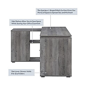 BELLEZE L Shaped Computer Desk, 60” Study Writing Table Home Office Desk Morden Corner Workstation Setup with Adjustable Storage Shelves and 3 Drawers, Gray Wash