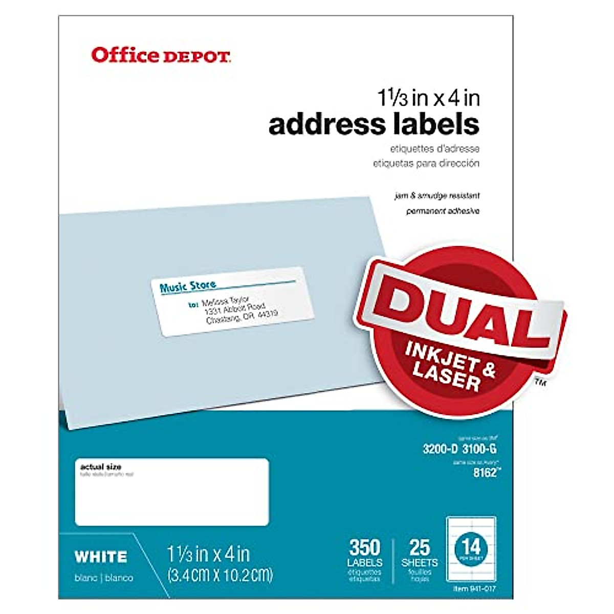 Office Depot White Inkjet/Laser Address Labels, 1 1/3in. x 4in., Pack Of 350, 505-O004-0018