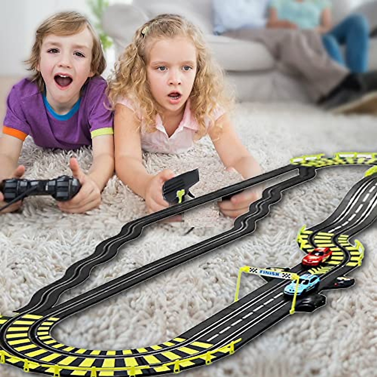 Fulercni 2 in 1 Slot Car Race Car Track Sets,Electric/Hand Shake Two Modes Racing Tracks,4 1:43 Slot Cars and 2 Electric Controllers and 2 Hand Shake Controllers Set, Gift Toys for Children Age 6-12