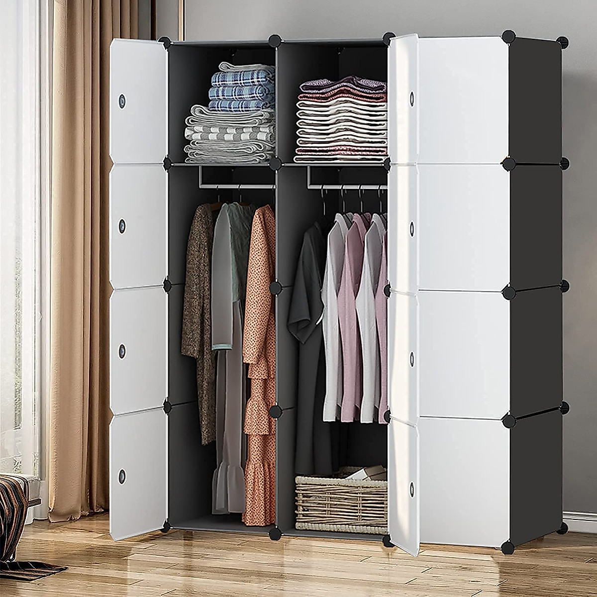 JKWAY DIY 12 Cube Storage Organizer with Doors, Portable Closet Wardrobe 14 in x18 Depth Cubes Clothes Organizer, Cabinet Book Shelf for Bedroom, , Office, Dorm Room (Black/White), (42 x56 )