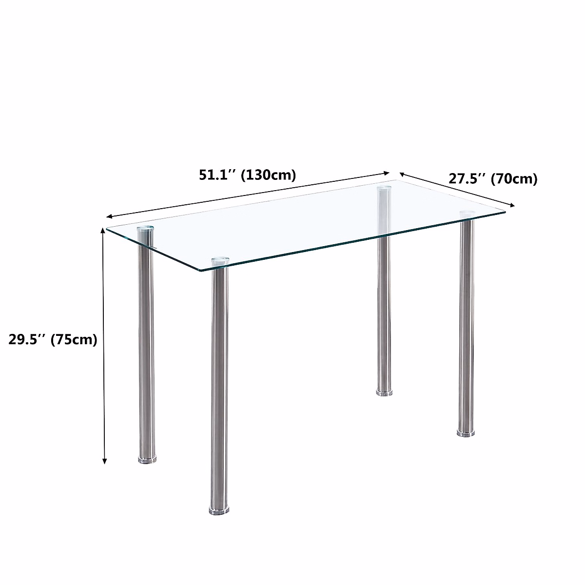 51.2" Clear Glass Dining Table for 4 People, Modern Rectangular Kitchen Table with Metal Legs