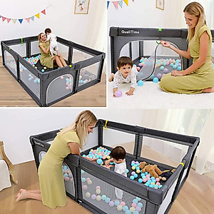 Baby Playpen, Playpens for Babies, Extra Large Playyard for Toddler, Reliable Kids Activity Center, Sturdy Safety Playpen with Anti-Slip Suckers and Super Soft Breathable Mesh (Dark Gray, Large)