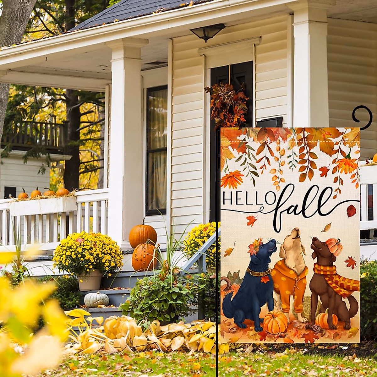 BLKWHT Fall Dogs Garden Flag 12x18 Vertical Double Sided Autumn Leaves Thanksgiving Holiday Outside Decorations Burlap Yard Flag BW506