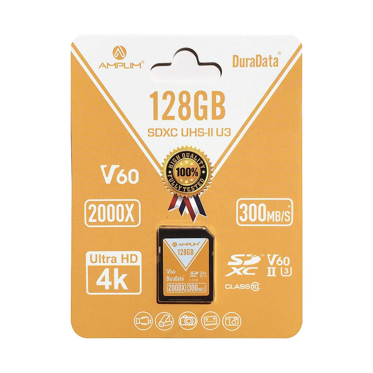 Amplim 128GB V60 UHS-II SD SDXC Card, 300MB/S 2000X Lightning Speed Performance, Extreme Read, U3 Secure Digital Memory Storage for Professional Photographer and Videographer