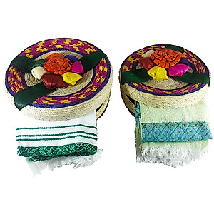 Handwoven Basket & Tortilla Cloths by Jacq & Jürgen - 2 Pack Natural Medium and Large Floral Bundle – 100% Palm Mexican Art