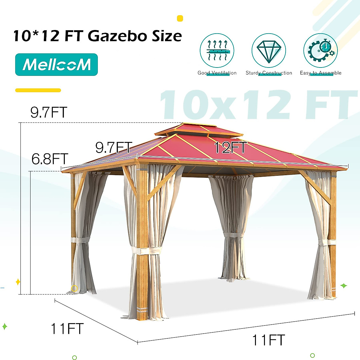MELLCOM 10' x 12' Hardtop Gazebo, Wooden Finish Coated Aluminum Frame Outdoor Gazebo with Aluminum Double Roof, Claret Metal Gazebo with Curtains and Nettings for Patios, Gardens, Lawns, Parties