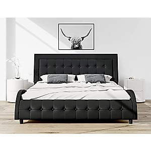 SHA CERLIN Queen Size Box-Tufted Platform Bed Frame / Faux Leather Upholstered Bed Frame with Headboard / Wood Slat Support / Wave-Like Modern Bed / Low Profile Mattress Foundation / Black