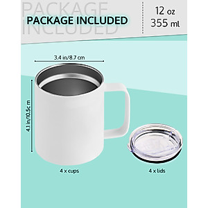 OFFNOVA 12oz Sublimation Tumblers Blank 4 Pack Stainless Steel Coffee Tumblers With Handle and Lid, Double Wall Vacuum Camping Cup for Hot & Cold Drinks Tea