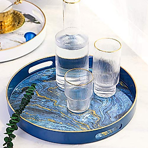 Zosenley Round Decorative Tray, Marbling Plastic Tray with Handles, Modern Vanity Tray and Serving Tray for Ottoman, Coffee Table, Kitchen and Bathroom, Size 13”, Blue