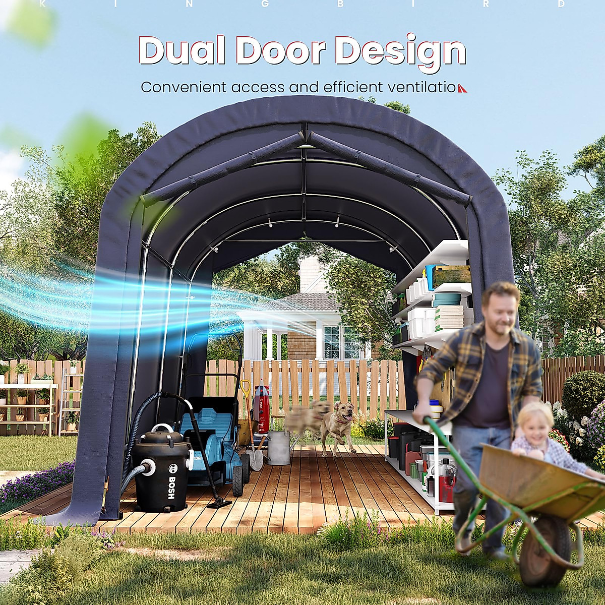 KING BIRD 10' x 15' Heavy Duty Round Style Carport Anti-Snow Car Port Garage Car Tent Car Canopy Outdoor Instant Garage with Reinforced Ground Bars