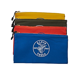 Klein Tools 5140 Canvas Zipper Bag, Tool Pouch, Tool Bag, Utility Bag, Bank Deposit Bag, 12.5 x 7-Inch, Olive/Orange/Blue/Yellow 4-Pack